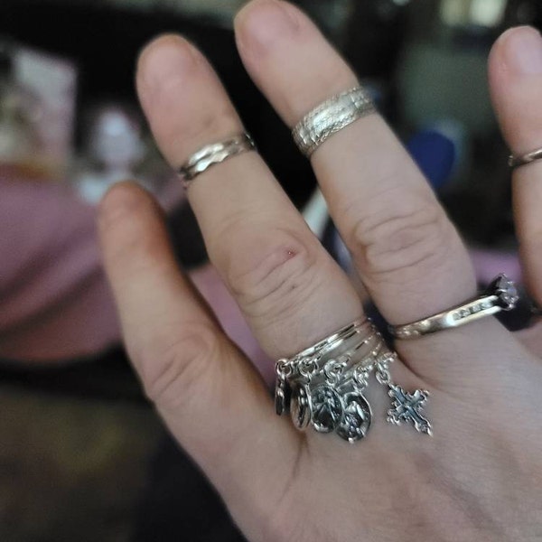 Charms Ring for Women Religious Ring Gift for Mom Real Silver Ring Saint Medal Ring Stackable ...