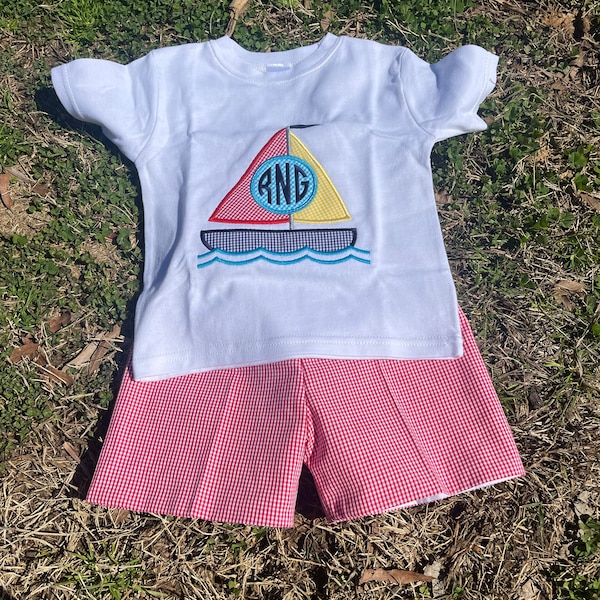 BOYS MONOGRAMMED APPLIQUE Short Set, Stacked Monogram Shirt, Boys ...