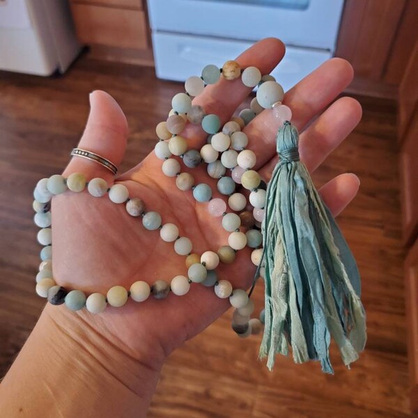 Mala for Calming - Amazonite Mala Beads - 108 Bead Mala Necklace - Rose ...