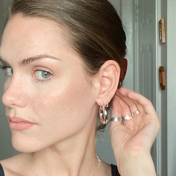 Silver Hoop Earrings Silver Hollow Hoop Earrings Pipe Earrings Thick ...