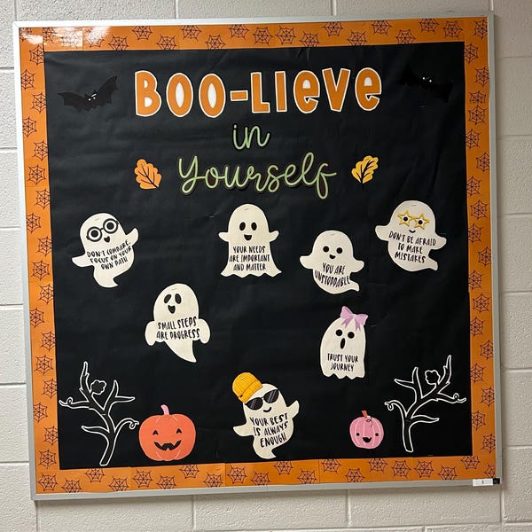 Boo-lieve in Yourself Halloween Bulletin Board Kit orange Affirmations ...