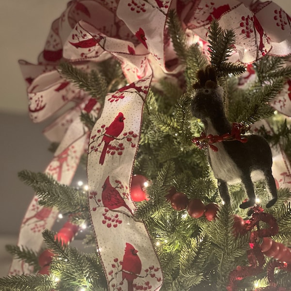 15" Cardinals in Snow and Red Velvet Tree Topper Bow, With Four 6 ...