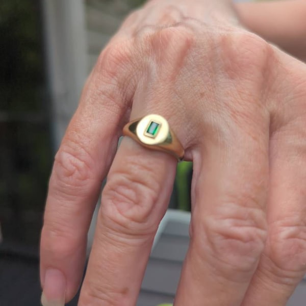 Baguette Emerald Signet Ring 14K Gold Emerald Baguette Diamond Ring Gold Custom Signet Ring ...