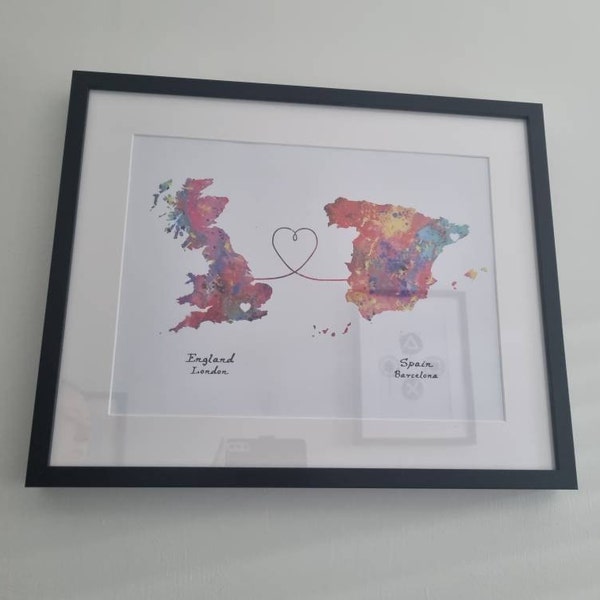 Personalised Map Print - Any Two Countries - Custom Map Art - Available ...