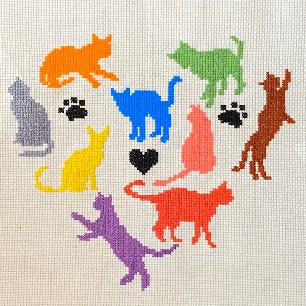 Heart of Cats Cross Stitch Pattern, Paw Prints, Gift for Cat or Kitten ...