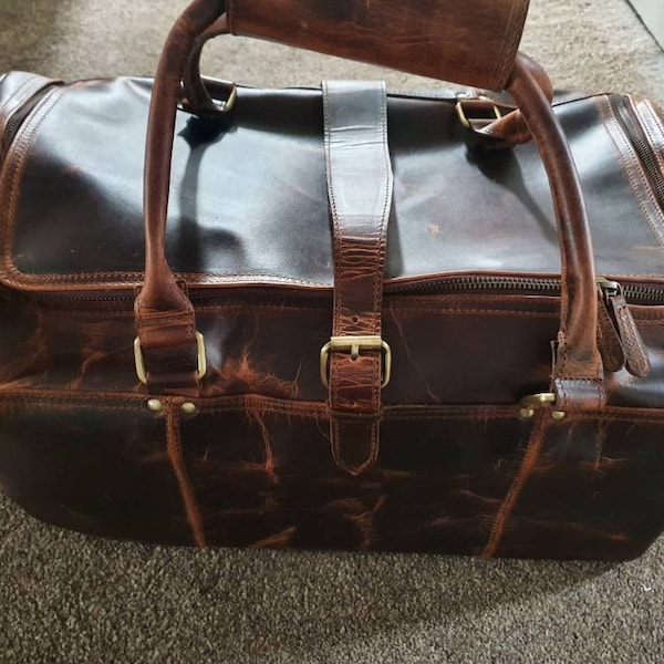 Handmade Full Grain Leather Duffle Bag, Laser Engraved Weekender Carry ...