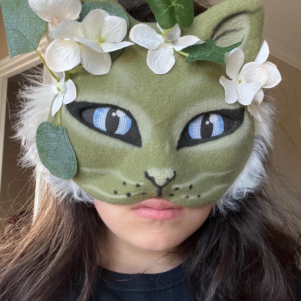 Floral Felted Therian Mask Cat Mask Tail Kids Dress up Costume - Sage ...