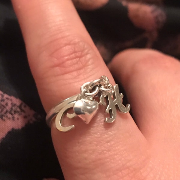 Initial Charm Ring. Sterling Silver Initial Ring. Dangle Ring. Personalized Jewelry. Initial ...