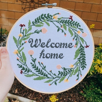 Welcome Home Cross Stitch Pattern, Modern Cross Stitch, Floral Flower ...