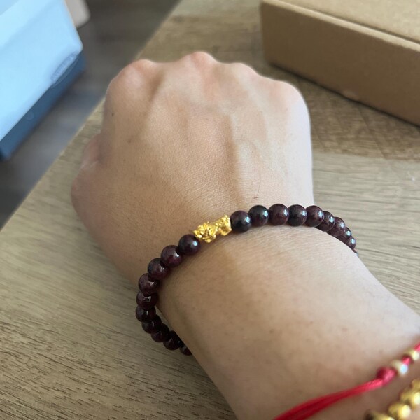 Pixiu 24k Solid Gold Pixiu Bracelet/ Red Bracelet/garnet Bracelet - Etsy