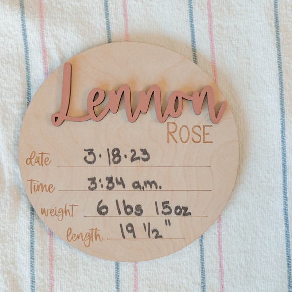 Round Wooden Baby Plaque 3D Custom Wood Baby Name Announcement Sign ...