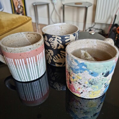 Stoneware Hand Painted/handmade Ceramic Mug, Tactile Embossed Playful ...