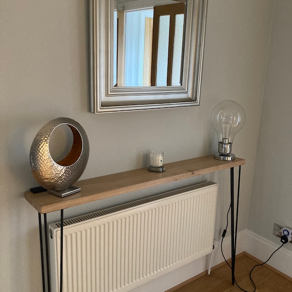 Solid Oak Hand-made Console Table With Black Three Pin Hairpin Legs ...
