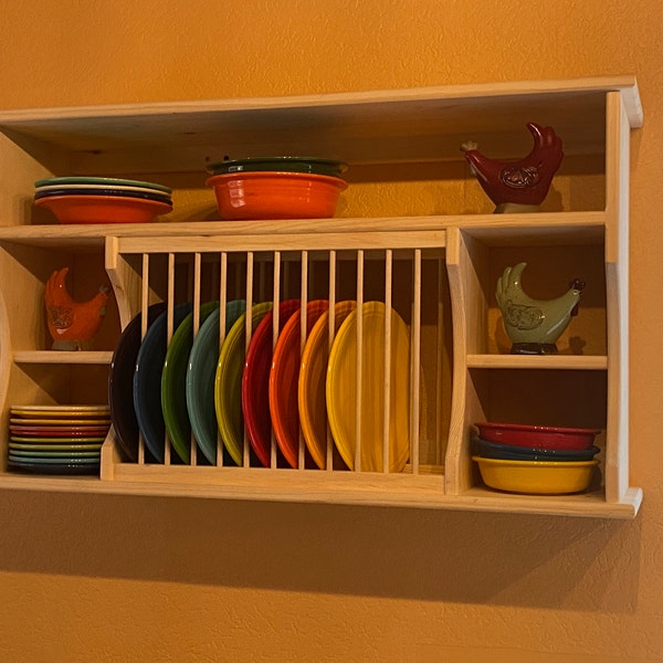 NEW Deluxe Split Shelf Cabinet Wall Counter Wood Plate Dish Rack Mugs ...