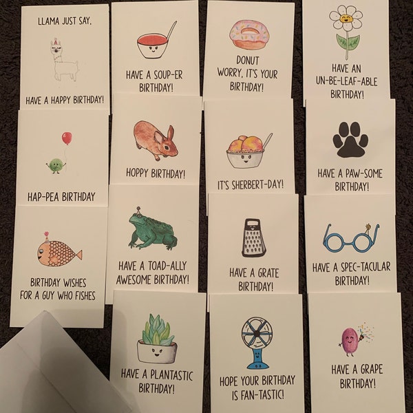 Hand Drawn Pun Funny Happy Birthday Cards (10 Pack of Cards, Birthday ...