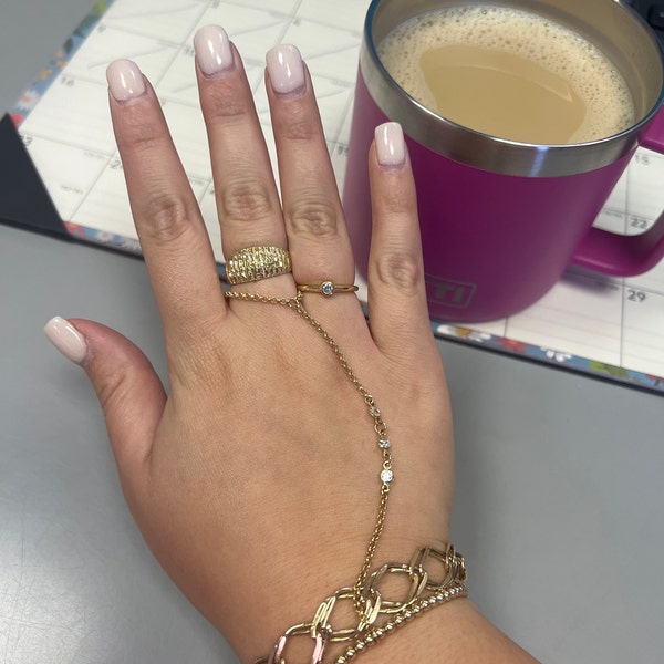 Dainty Gold Filled Beaded Hand Chain Bracelet, CZ Ring Hand Jewelry ...