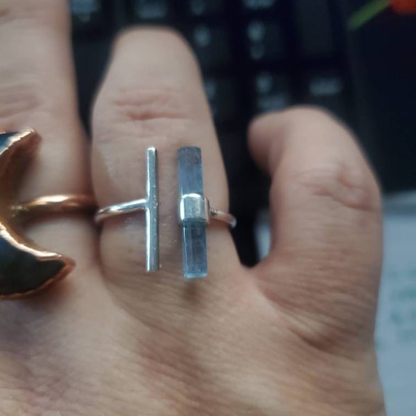 Raw Aquamarine Bar Ring, Adjustable Aqua Silver Stick Ring, March ...