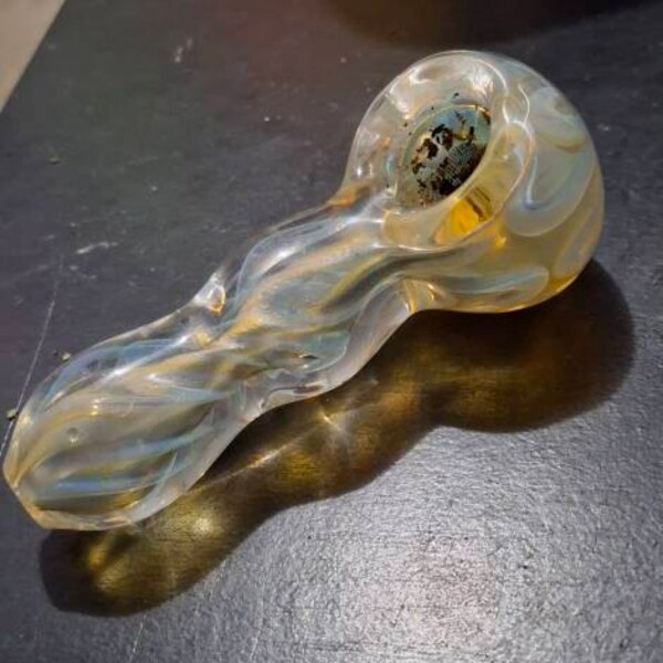 Yellow and Blue Fumed Glass Pipe Handmade Unique Golden Heady ...