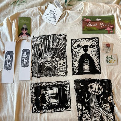 Mini Linocut Prints and Bookmarks on Recycled Scrap Paper - Etsy