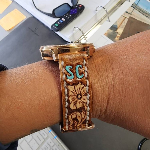 Custom Design Western Floral Tooled & Painted Leather Watch Band ...
