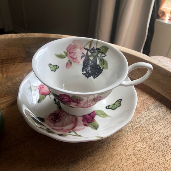 Adorable Rose / Floral Bat Teacup and Saucer Set, 8 Ounces, Food- and ...