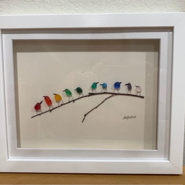 Rainbow Birds on Branch - Sea Glass & Driftwood Picture - Framed ...
