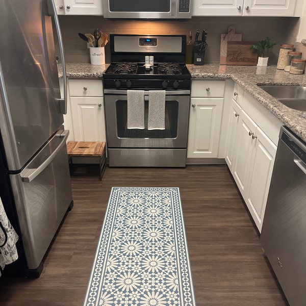 Vinyl Runner Rug or Hallway Runner With Moroccan Tiles Design in Blue ...