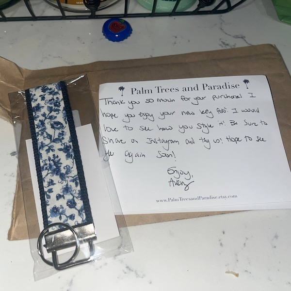 Blue Print Floral Key Fob- Fabric Key Fob- Navy Key Fob- Blue Flower ...