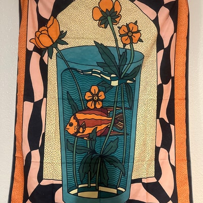 Psychedelic Glass Aquarium Wall Hanging Tapestry, Vintage Inspired Gold ...