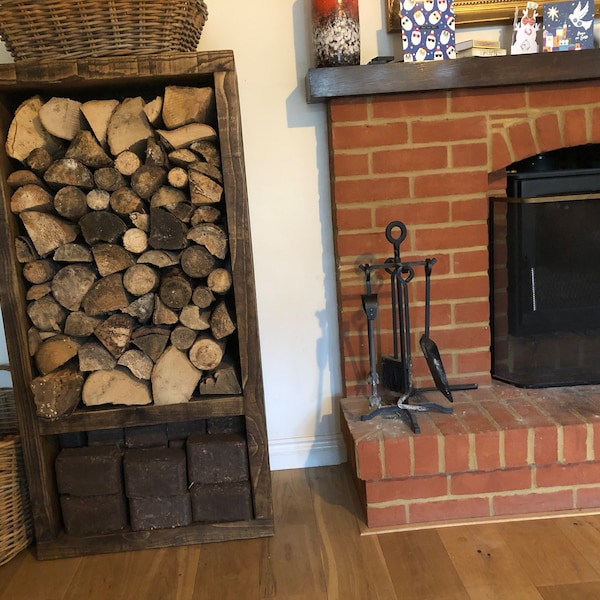 Rustic Wooden Pine Indoor Log Store – Chunky Firewood Rack, Dark Oak ...