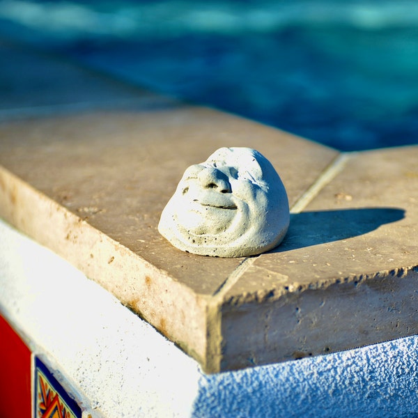 3 1/2" Long Cement Round Face Head Lot of 2 Garden Art Concrete Statue ...