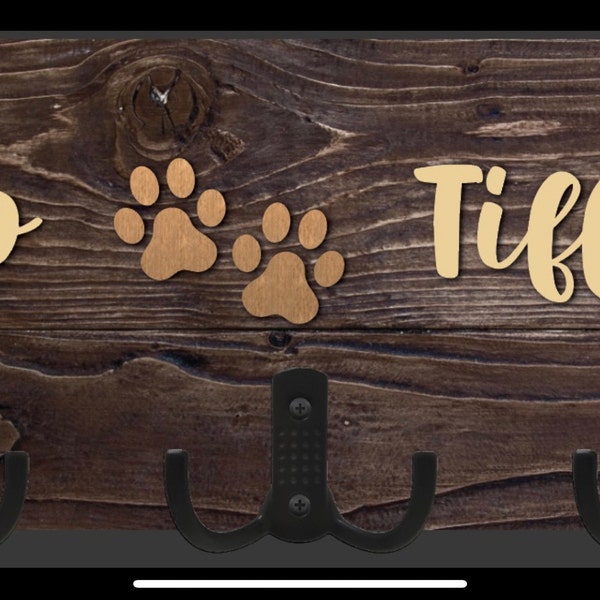 Personalized Dog Wood Leash Holder for 2/ 3 Dogs Raised Paw Name Sign ...