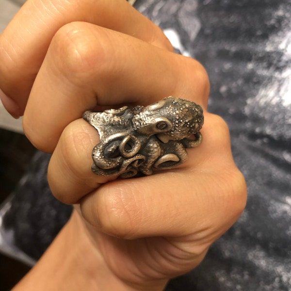 Octopus Handmade Sterling Silver Men Ring, Octopi Animal Biker Ring ...