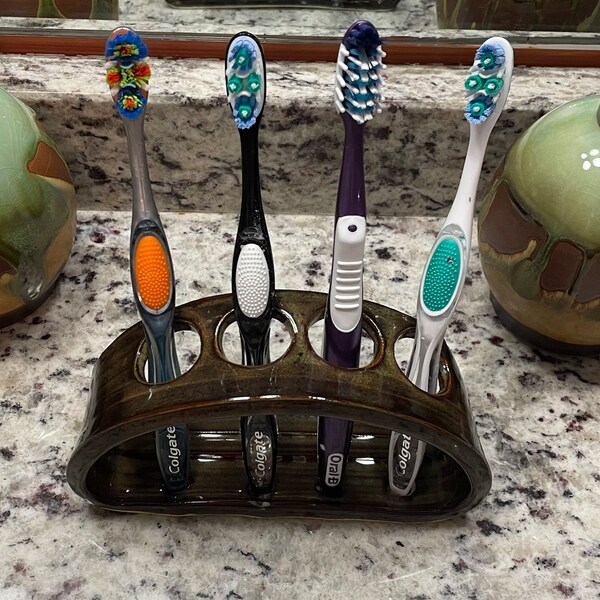 Toothbrush Toothpaste Holder Lapis Blue and Cappuccino Brown 2 Brushes ...