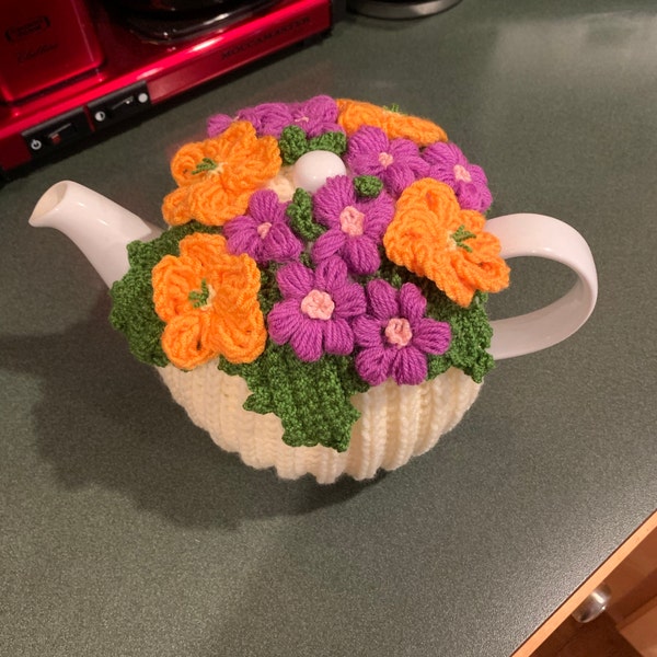 Crochet Red Tea Cozy Blue Yellow Flowers - Knitted Tea Pot Warmer ...