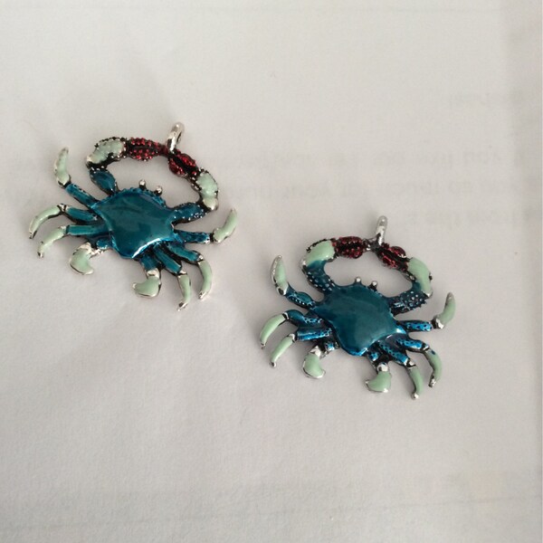2 Blue Crab Charms Silver Blue Enamel Crab Pendants Crab Lover's ...