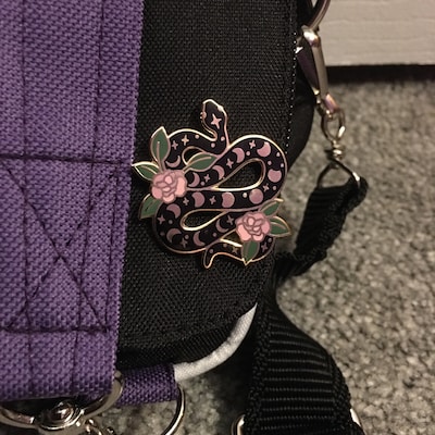 Snake Enamel Pin Magical W. Moon Phases & Flowers Black Gold Serpent ...