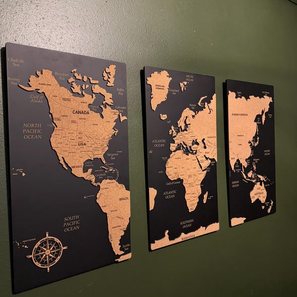 World Map Set of 3 Wall Art, Apartment Decor Travel Map 5th Anniversary ...