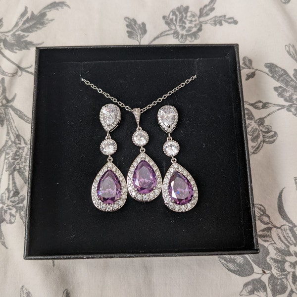 Amethyst Crystal Jewelry Set Purple Bridal Jewelry Set Purple Cubic ...