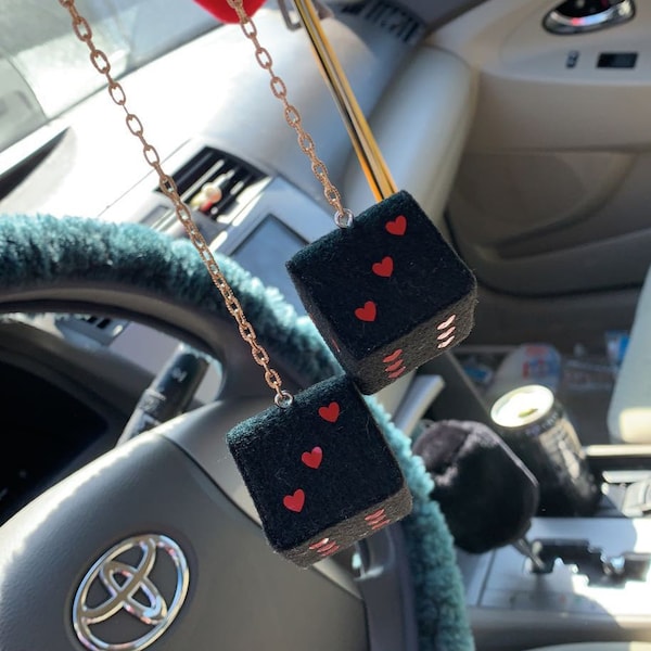 Black Fuzzy Dice With Red Hearts and Chain or Cord / Car Accessories ...
