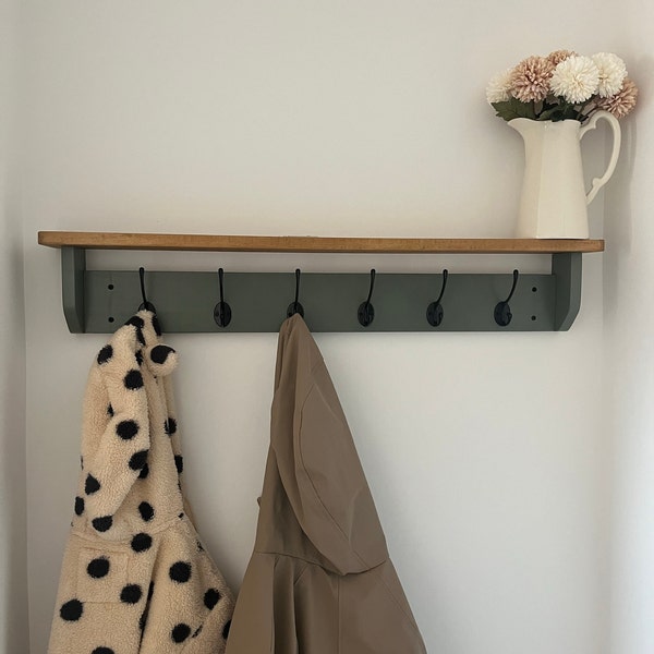 GREEN COAT RACK With Shelf (dark Wax, 10cm Deep), Shelf With Hooks ...