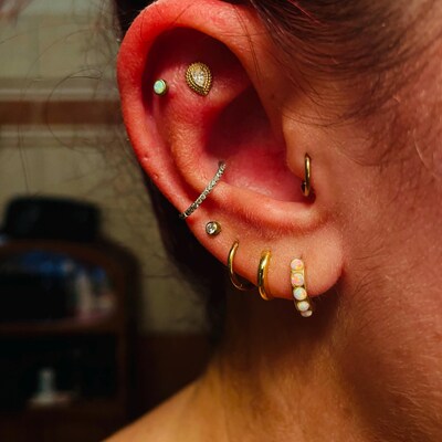 14k Solid Gold Cubic Crown Cartilage Stud Dangle Chain Stud Conch Earring Tiny Stud Helix Stud ...