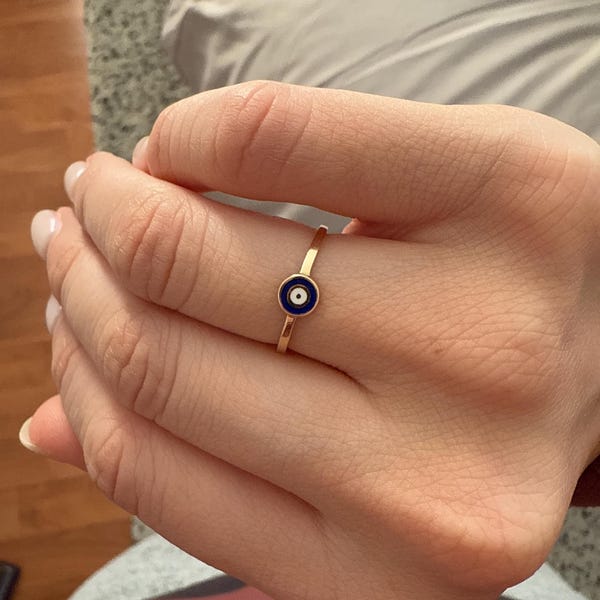 Evil Eye Ring Gold Women, 14K Real Yellow Solid Gold Round Signet Ring Her, Blue and White ...