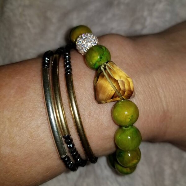 Watermelon Jade & Quartz Teardrop Statement Bracelet / Gemstone ...