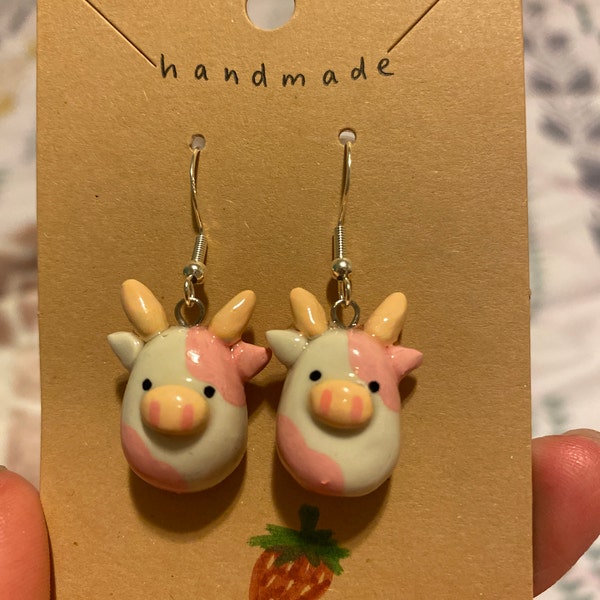 Strawberry Cow Clay Earrings - Handmade, Handpainted, Cute - Etsy