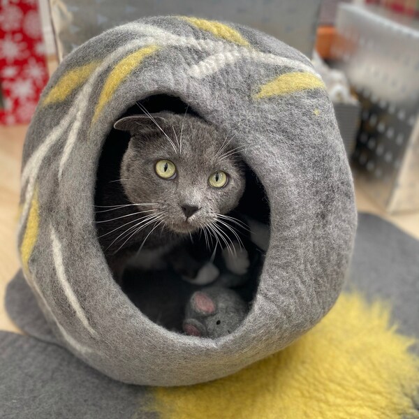 Felt Cat Cave | Natural Cat House | Grey Cat Bed | Wool Cat Cave Bed ...