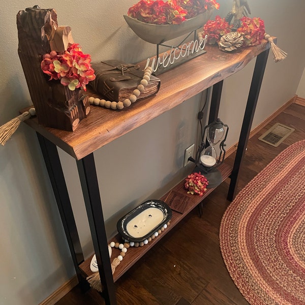 Rustic Live Edge Console Table With Shoe Rack / Hickory Wood / Black ...