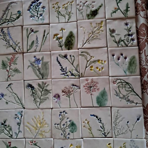 Flower Meadow” Tile Set, Handmade Ceramic Tiles, Natural Clay Color ...