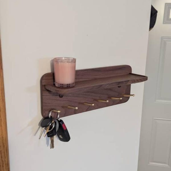 Walnut Key Rack With Shelf: Magnetic Key Holder & Brass Hooks - Etsy