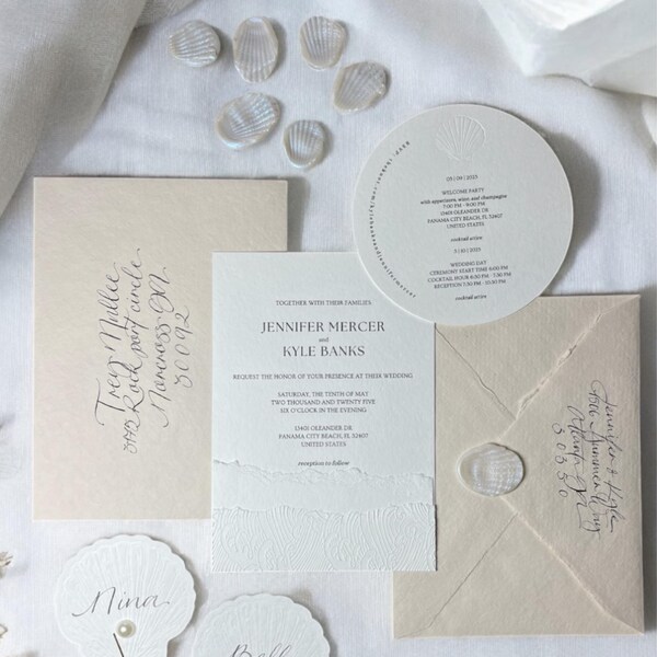 Hand-lettered Place Cards With Pressed Sea Shell Detailing and Pearl ...